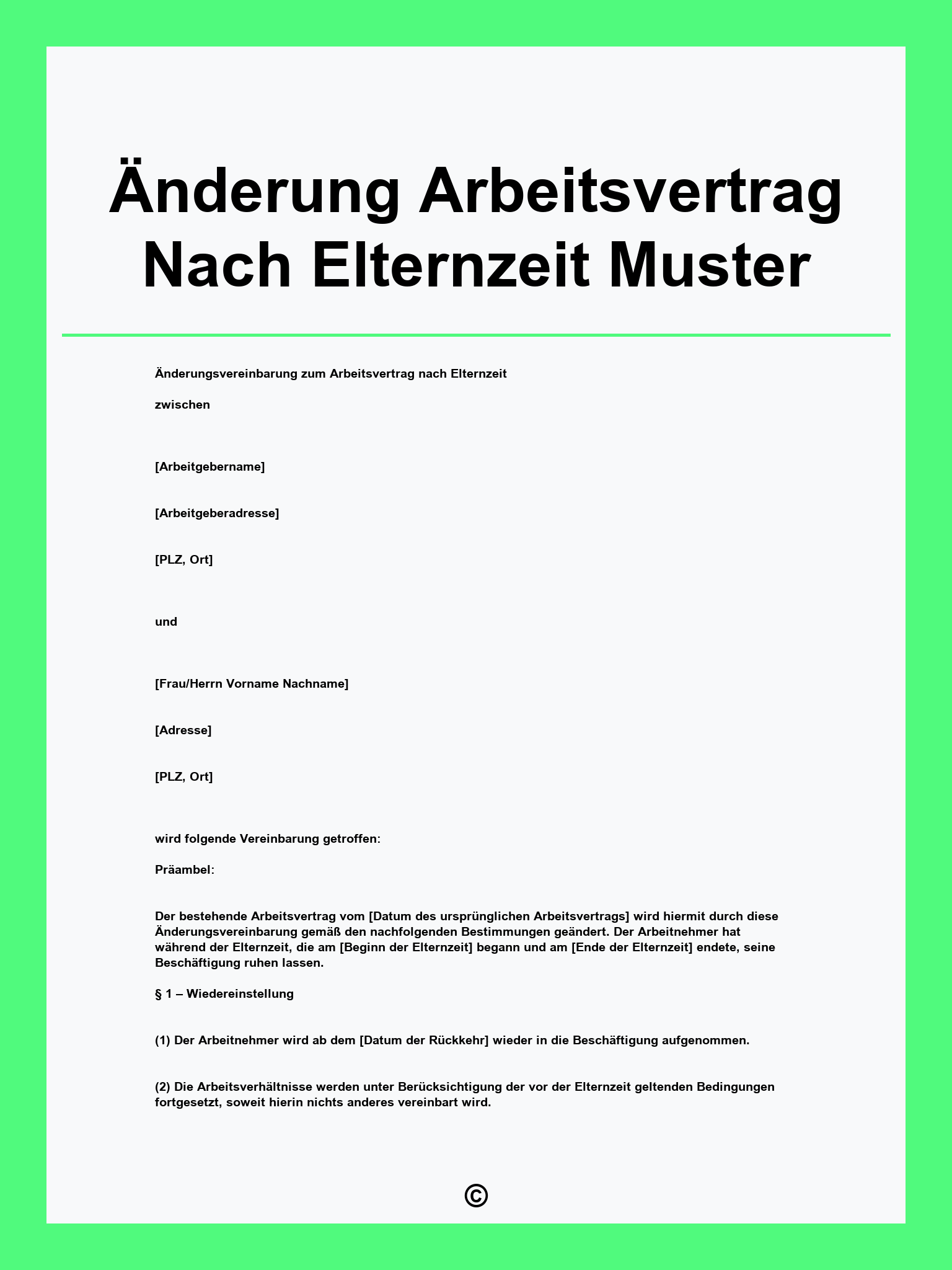 Änderung Arbeitsvertrag Nach Elternzeit Muster