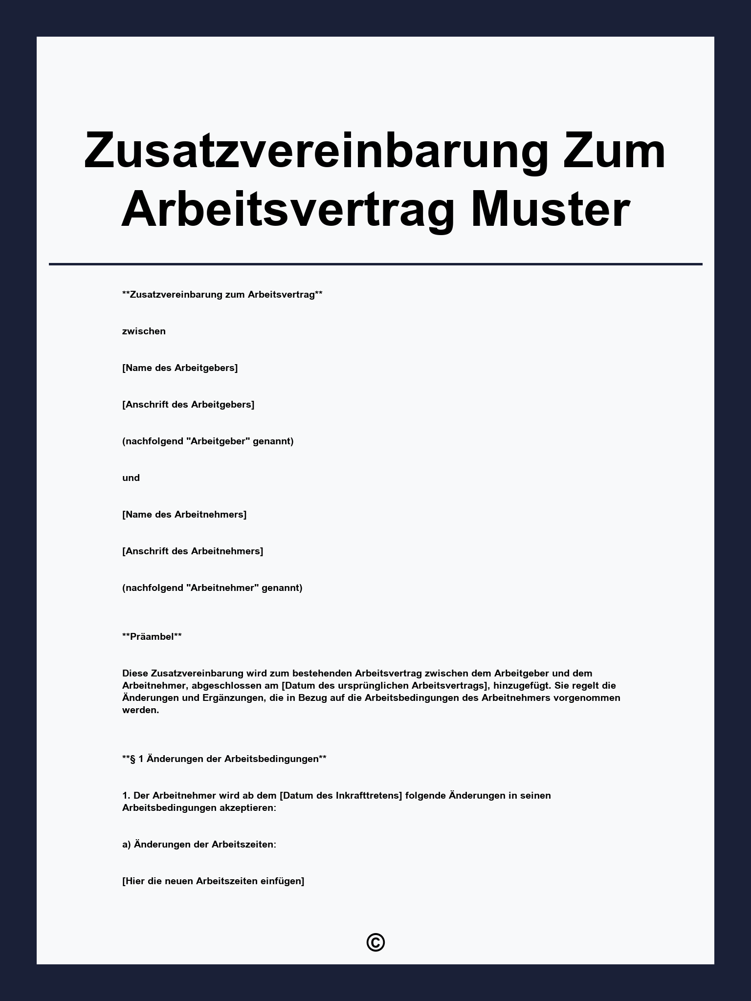 Zusatzvereinbarung Zum Arbeitsvertrag Muster